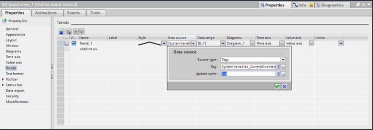 Configuring a WinCC Professional Trend to Update Start and End Times ...